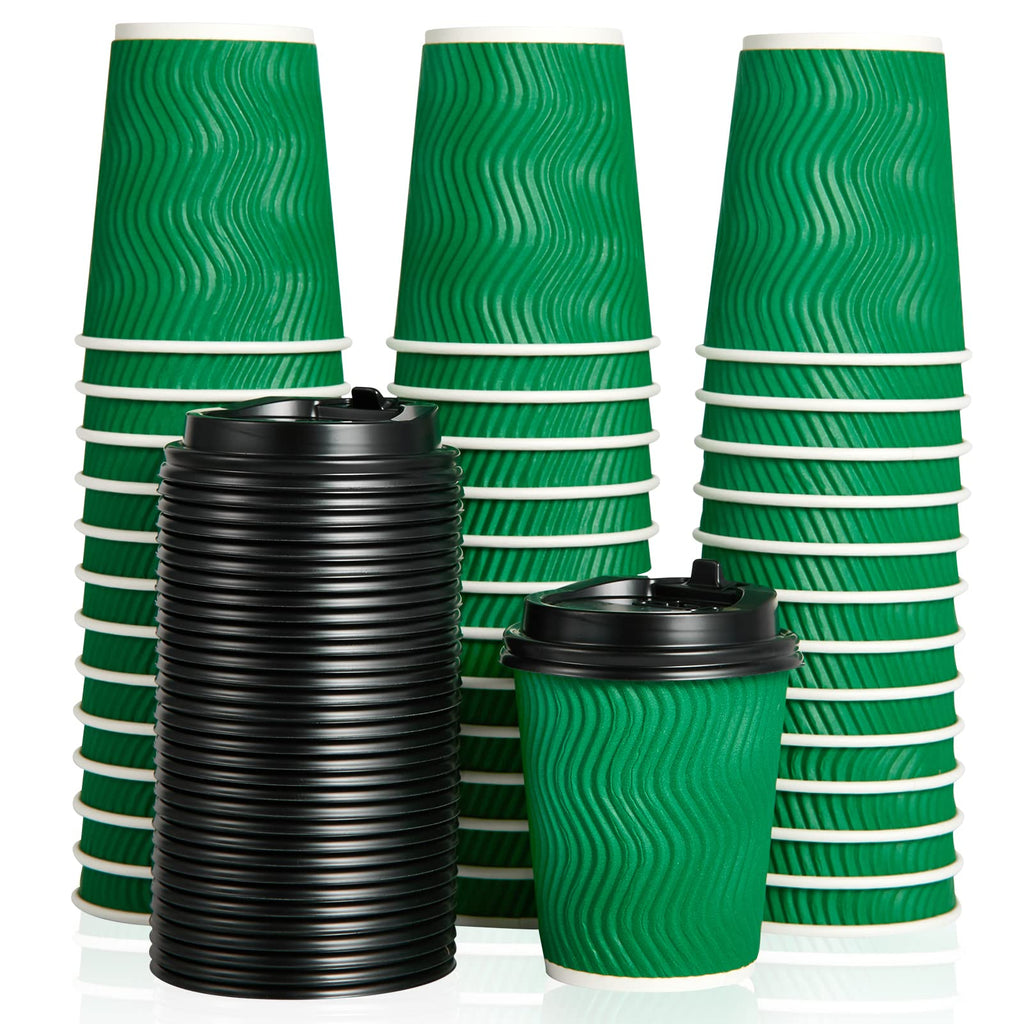 Grab Green Ripple Wall Paper Coffee Cups with Lids & Straw - 8oz/12oz ...