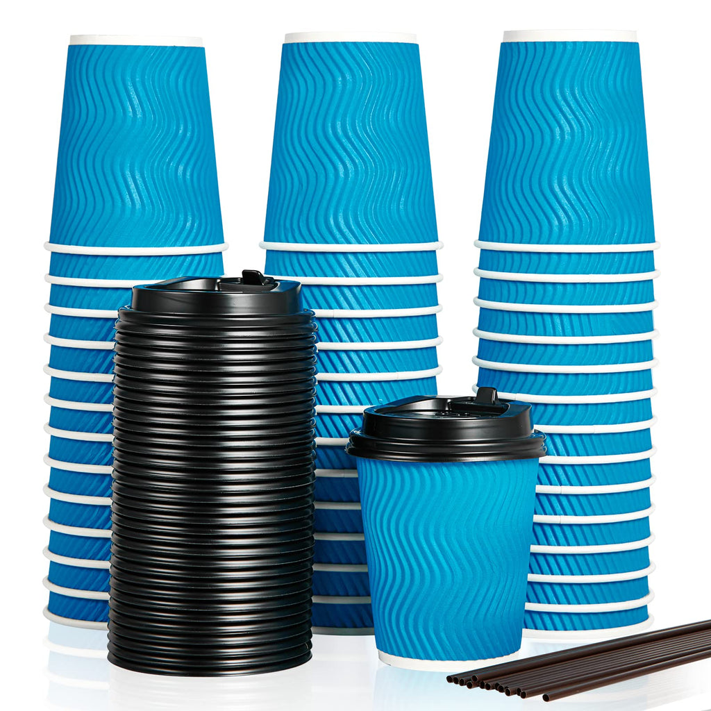 Grab Blue Ripple Wall Paper Coffee Cups with Lids & Straw - 8oz/12oz ...