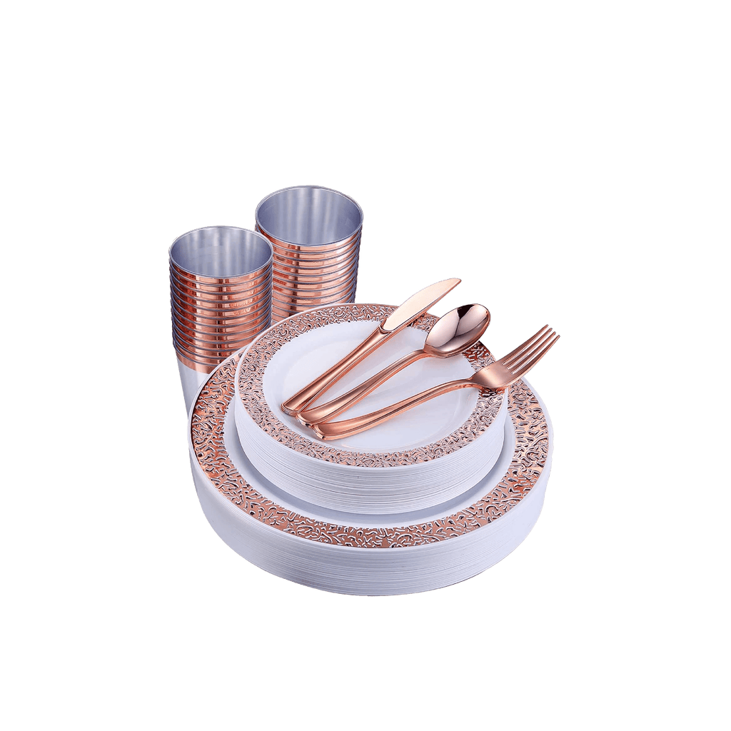 Grab White with Rose Gold Rim Round Plastic Dinnerware Set - Perfect ...